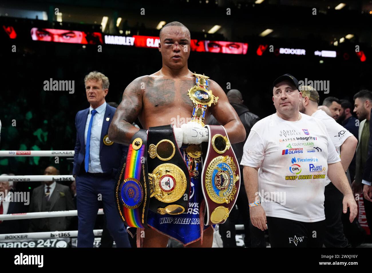 Fabio Wardley poses with his belts after his fight against Frazer ...