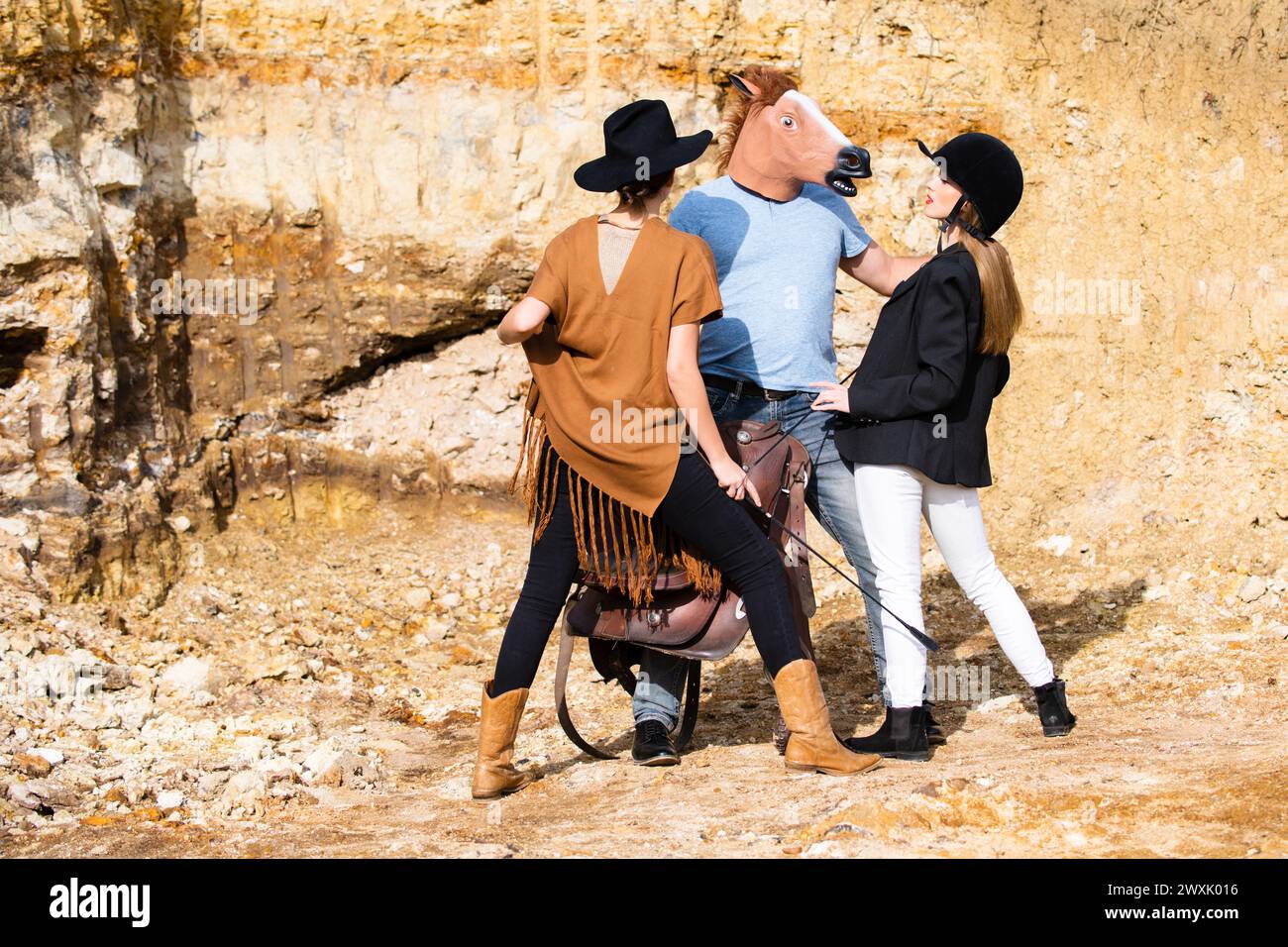 Crazy strange people with horse mask. Freaky young horsewoman women and ...