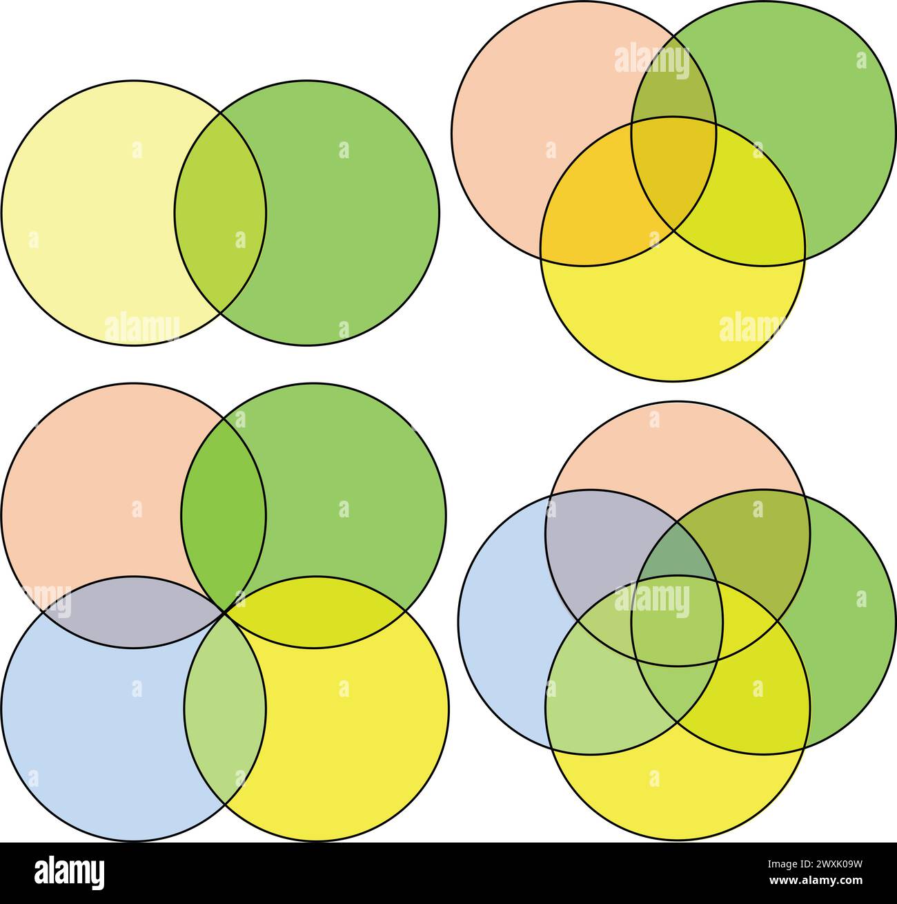 Venn diagram chart infographics with 2, 3, and 4 circles. Vector design elements for business ...
