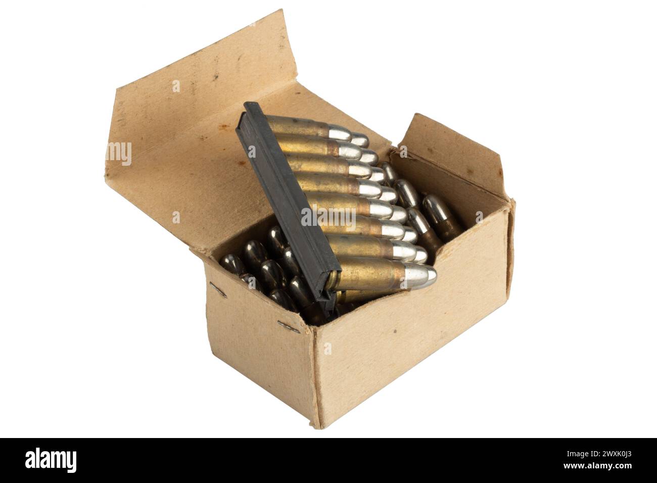 Vintage retro ammunition in a cardboard box. Isolated on white ...
