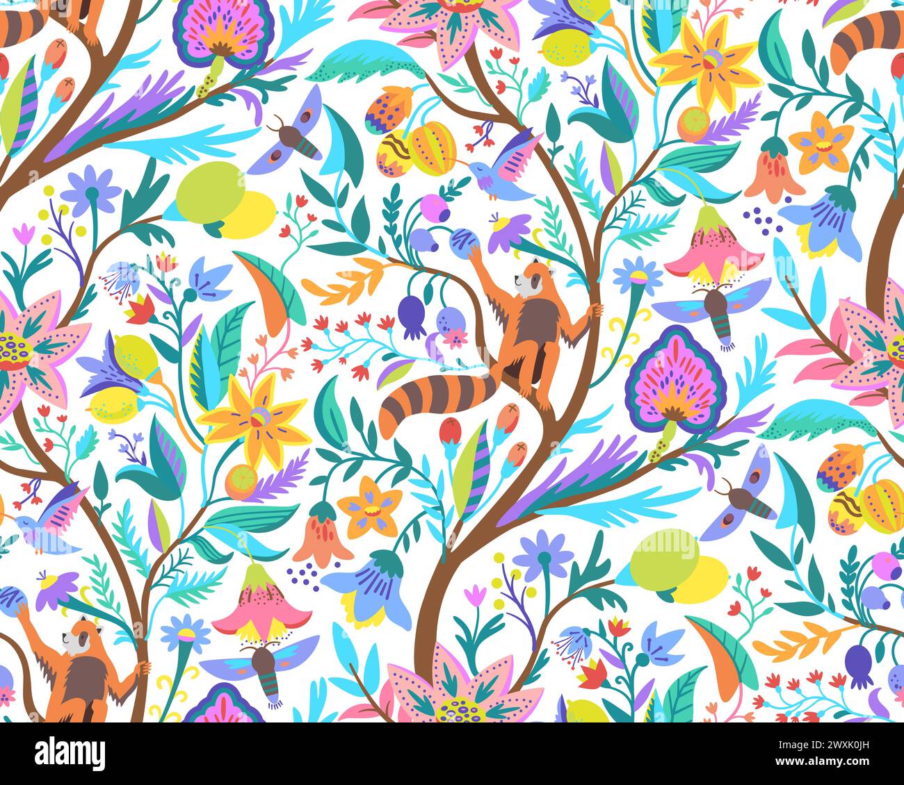 Rich vibrant colorful floral pattern with cute moths and animals for ...