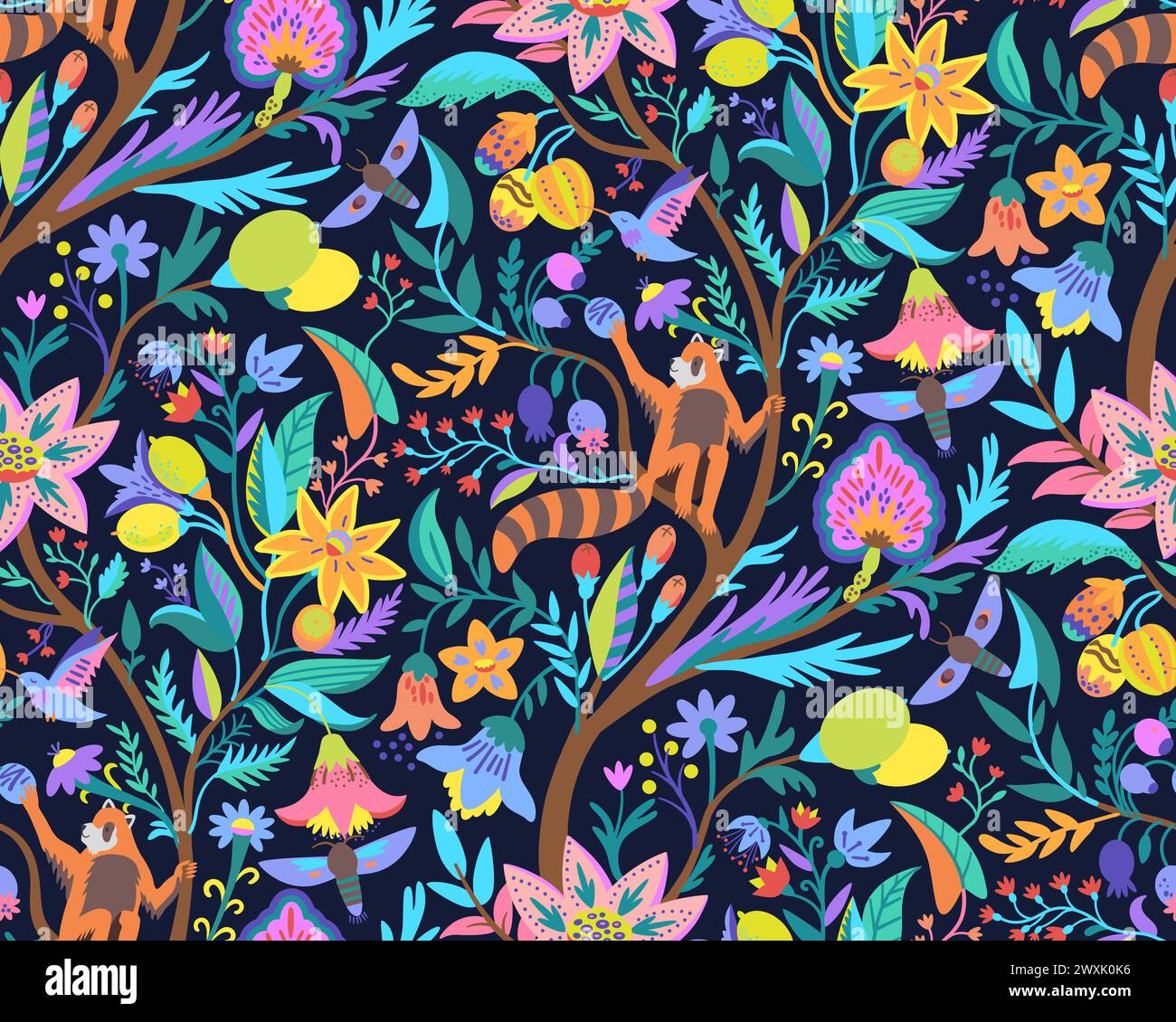 Rich vibrant colorful floral pattern with cute moths and animals for ...