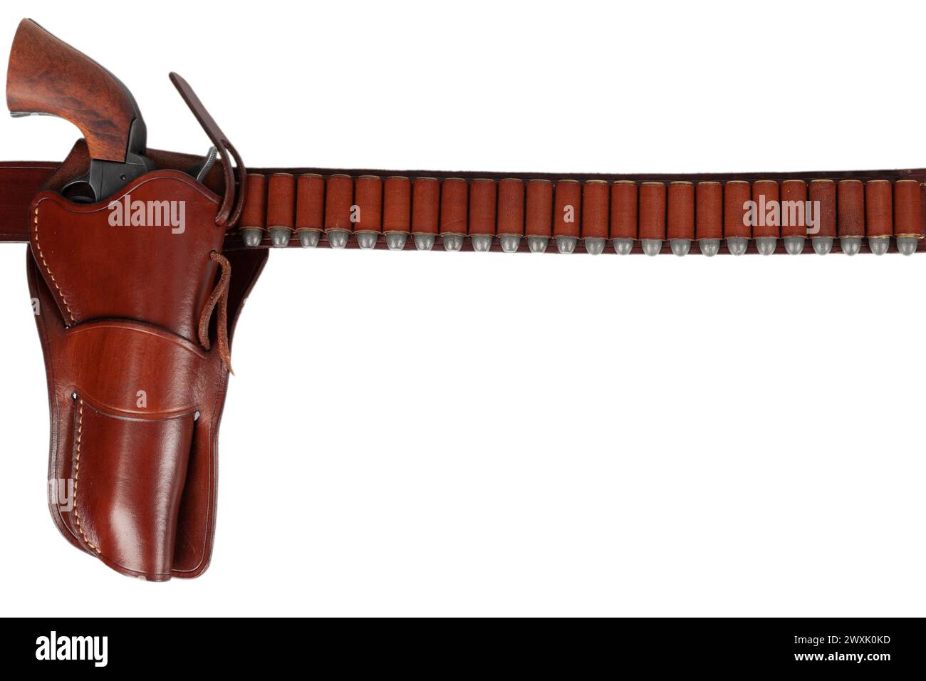 Old west leather gun belt with ammunition and revolver in holster ...