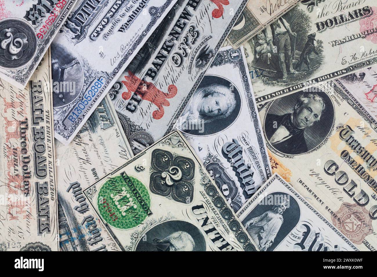 Old US dollar banknotes and silver certificates banknotes background ...