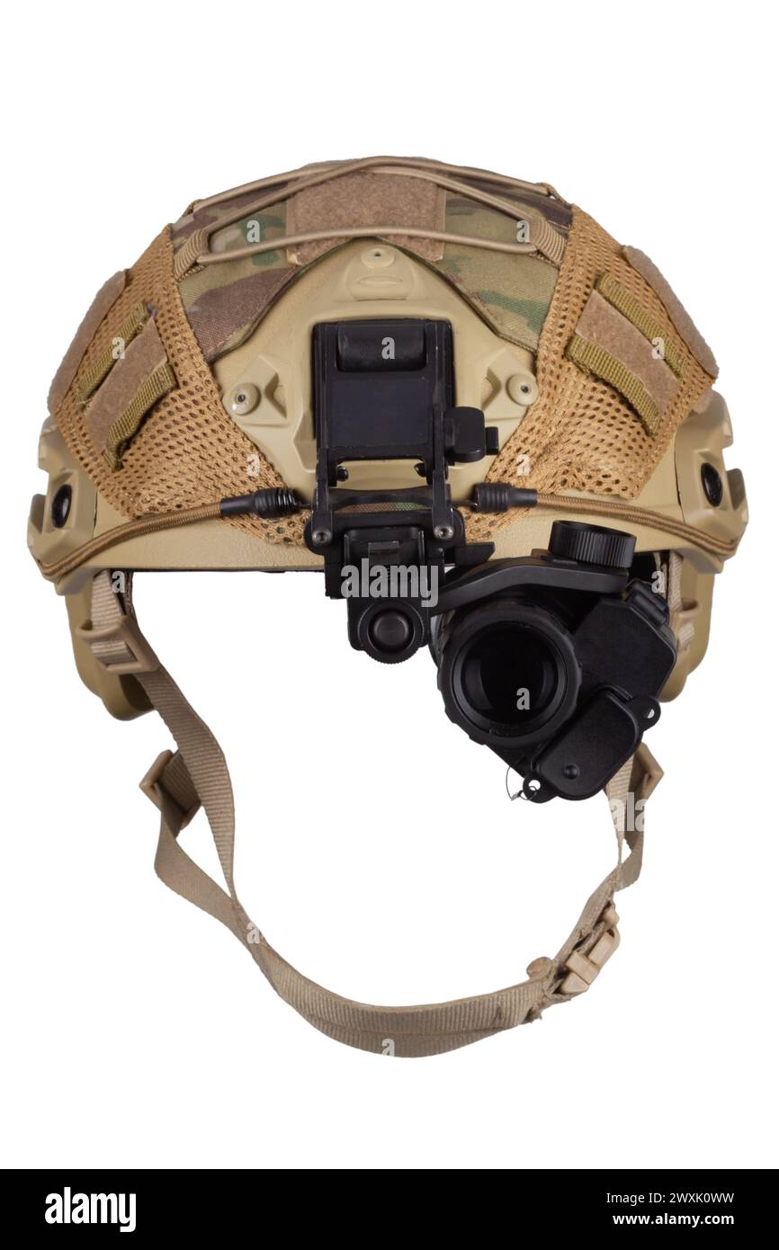 Night vision goggles on military helmet isolated on white background ...