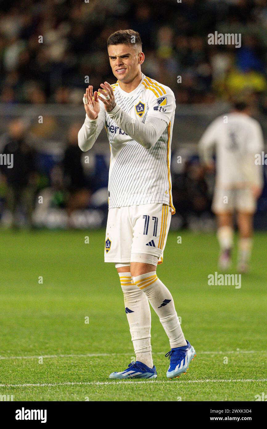 Los Angeles Galaxy forward Gabriel Pec (11) reacts during a MLS match ...
