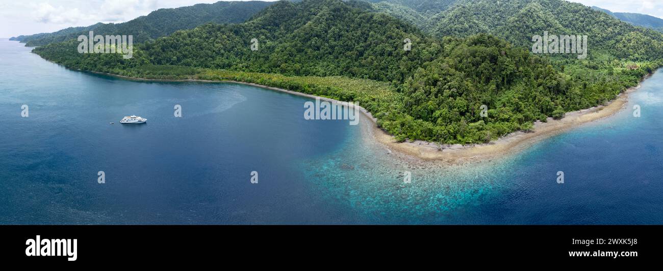 Thick rainforest covers the scenic coast of southern Batanta, Raja ...