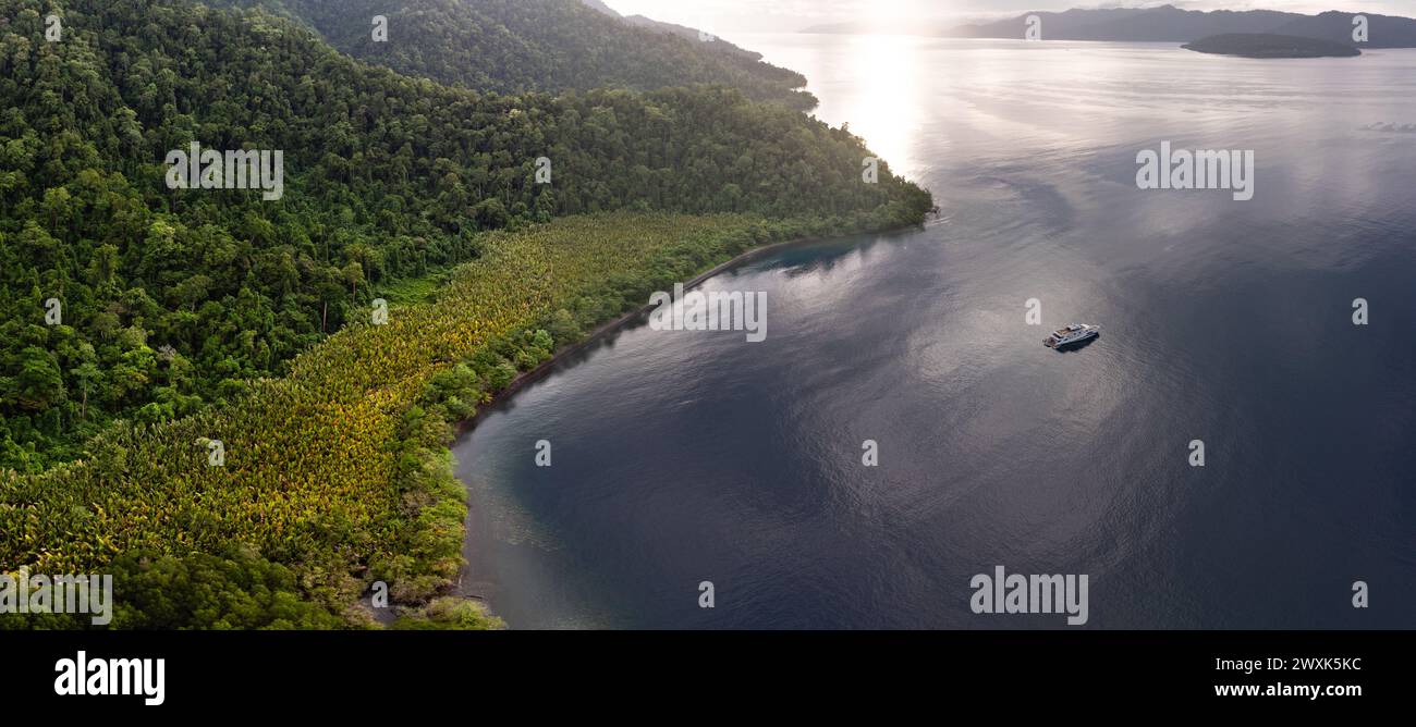 Thick rainforest covers the scenic coast of southern Batanta, Raja ...