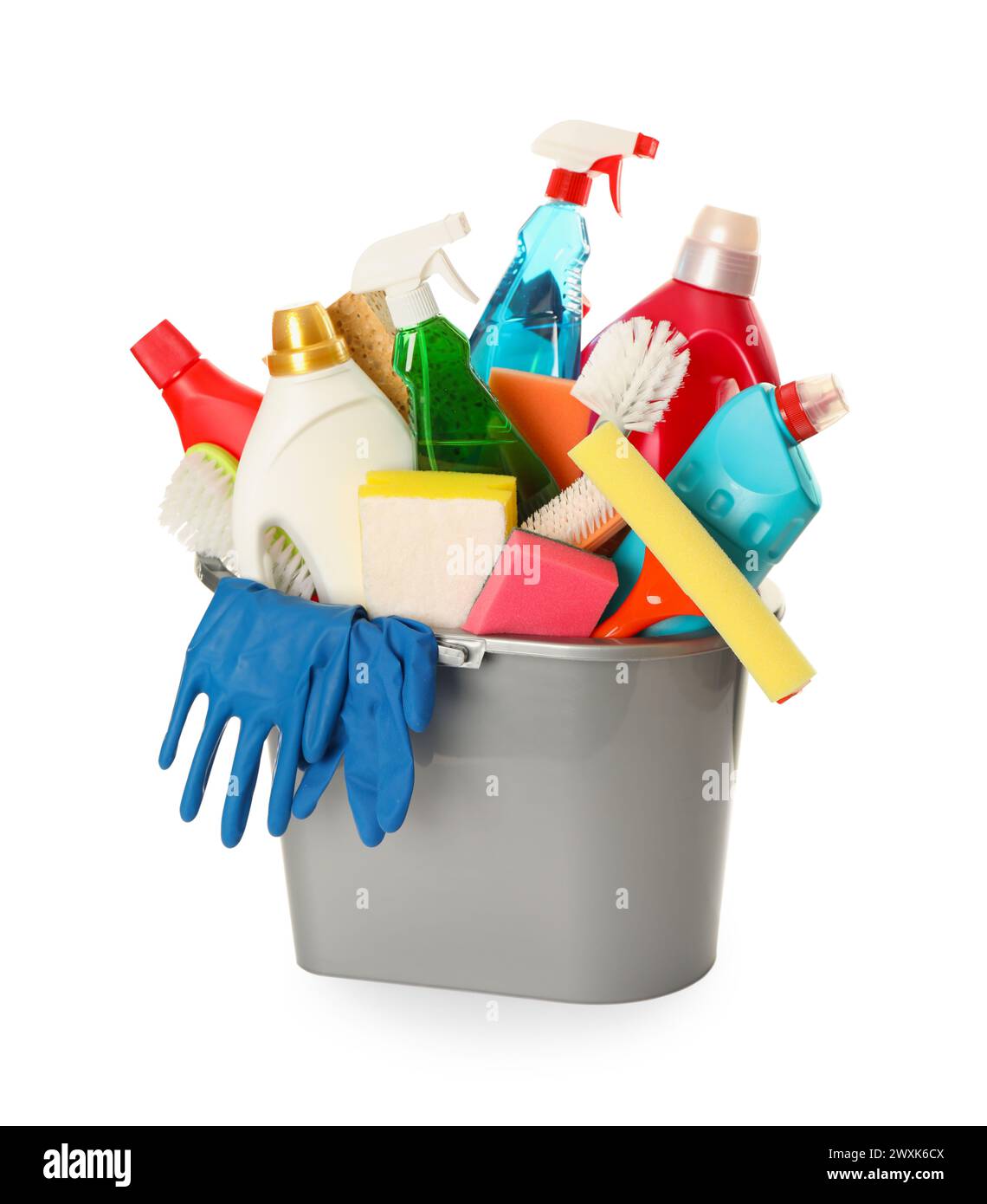 Different cleaning products in plastic bucket isolated on white Stock ...