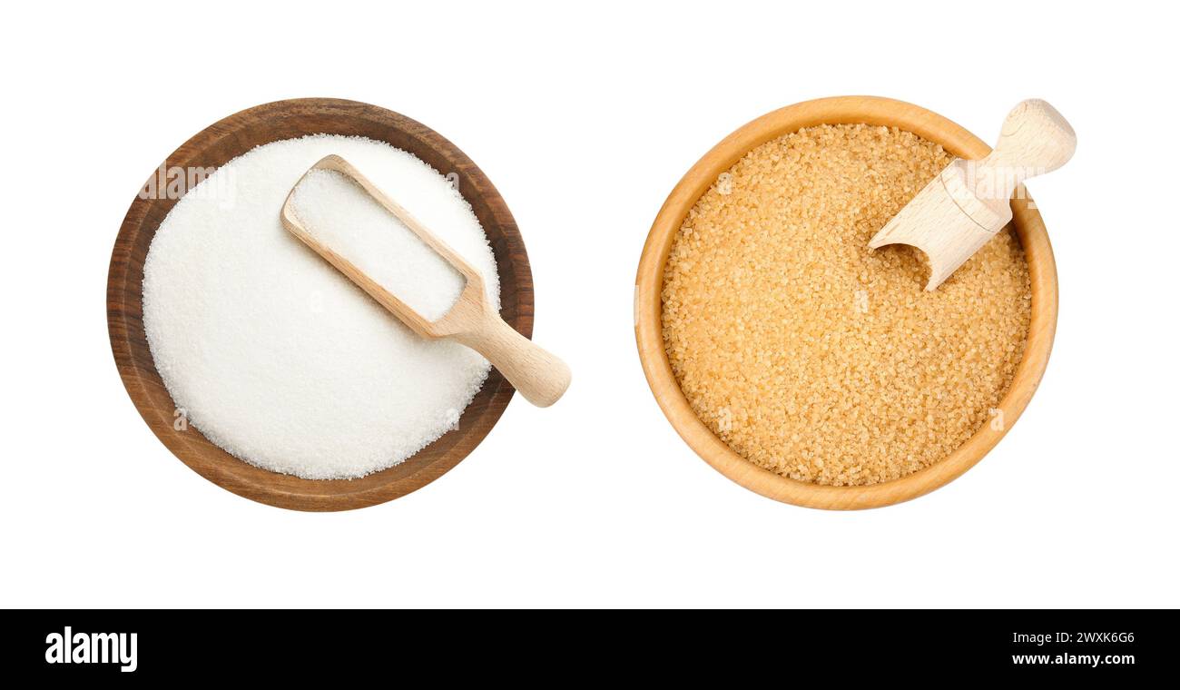 Different granulated sugar and scoops in bowls isolated on white, top ...