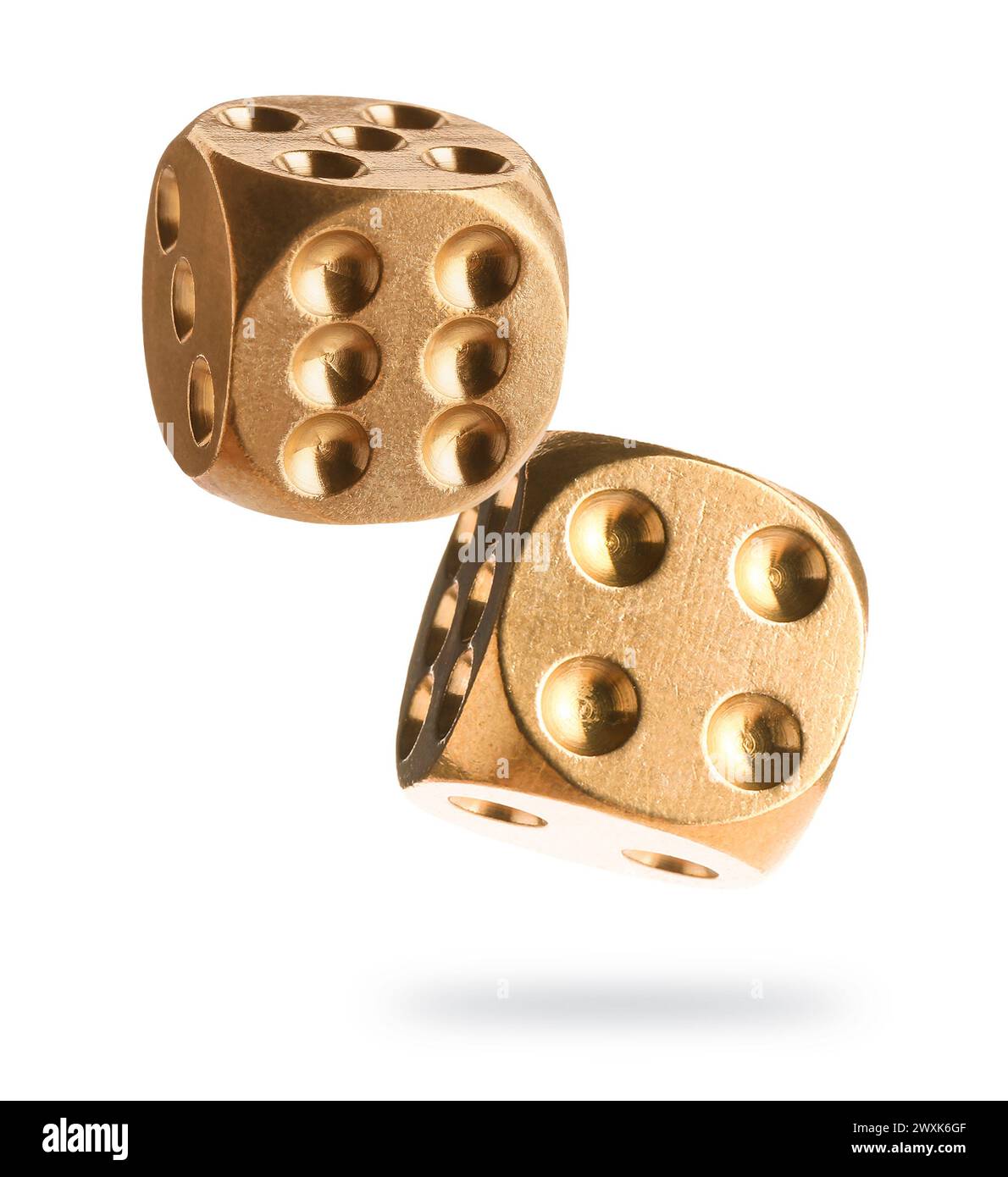 Golden dice in air on white background Stock Photo - Alamy