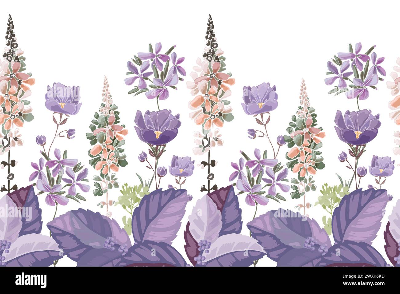 Vector floral seamless pattern, border. Lilac, violet, peach color ...