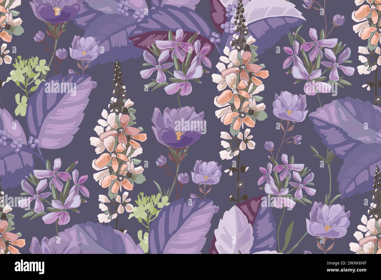 Vector floral seamless pattern. Lilac, violet, peach color flowers ...