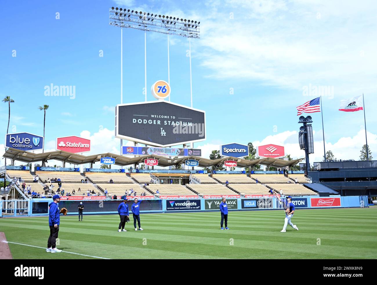 Los Angeles Dodgers players practice ahead of the MLB game between the ...