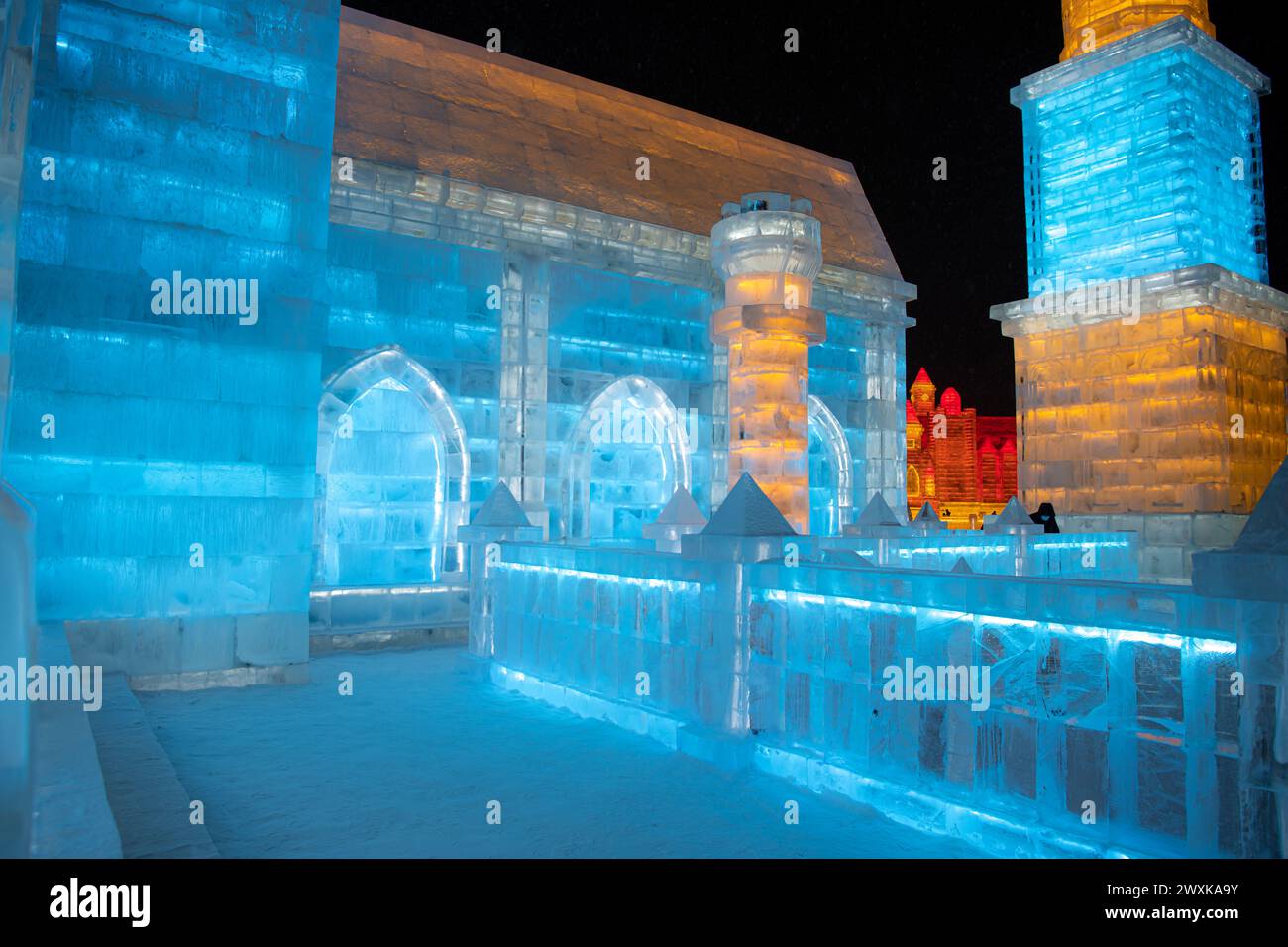 January 1, 2022, HARBIN, CHINA. Night scene in Harbin International Ice ...