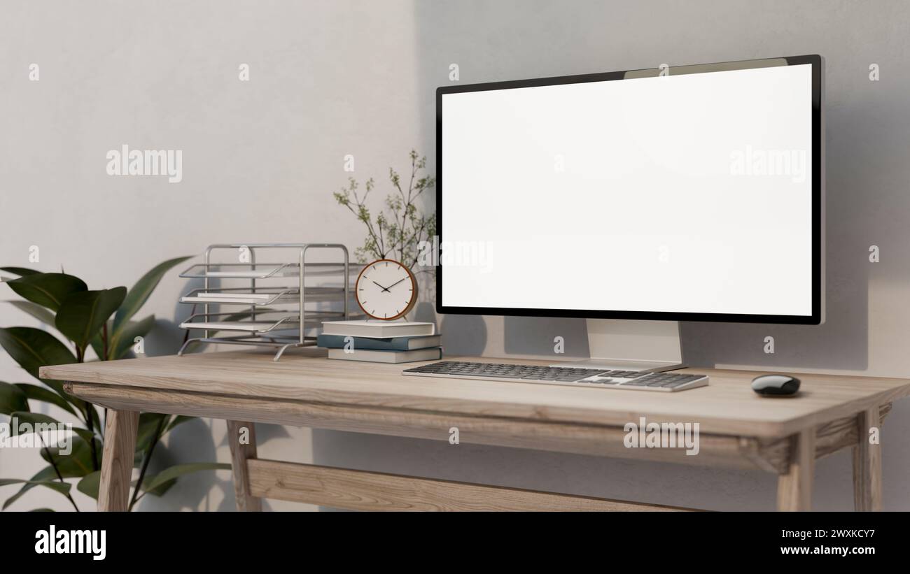 A neutral minimalist office workspace with a PC computer white-screen ...
