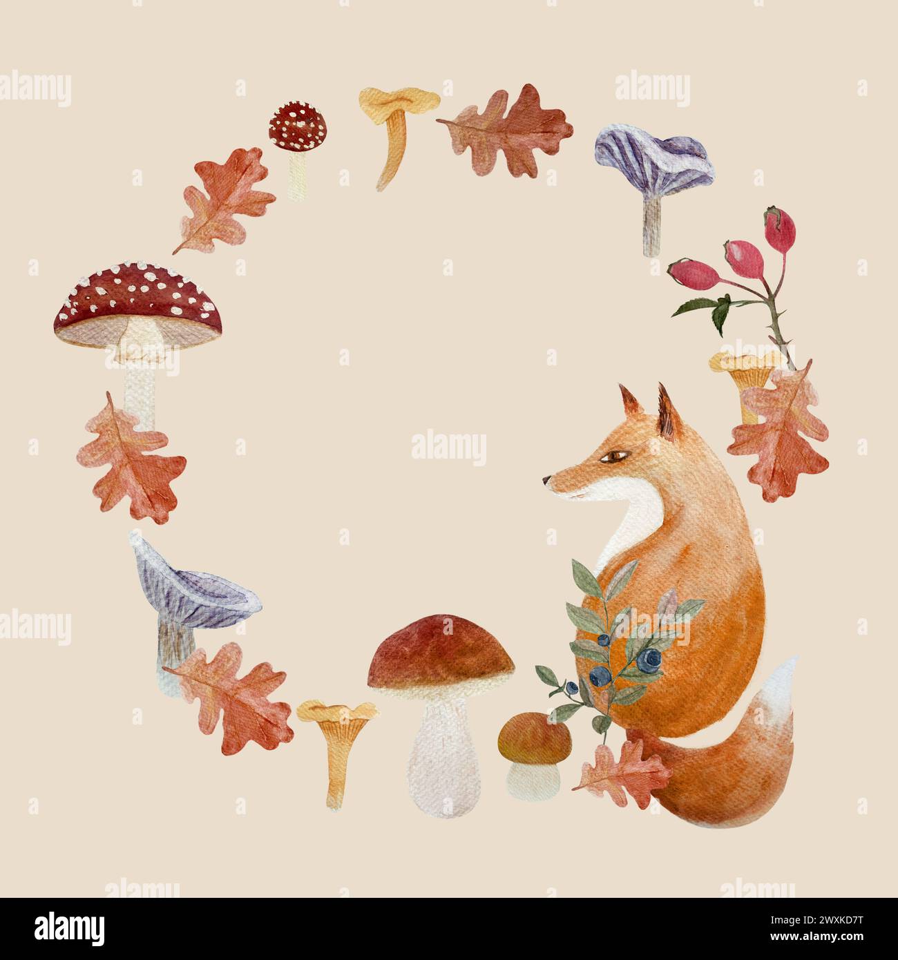 Fox in a oak leaf frame watercolor flat illustration isolated on white ...