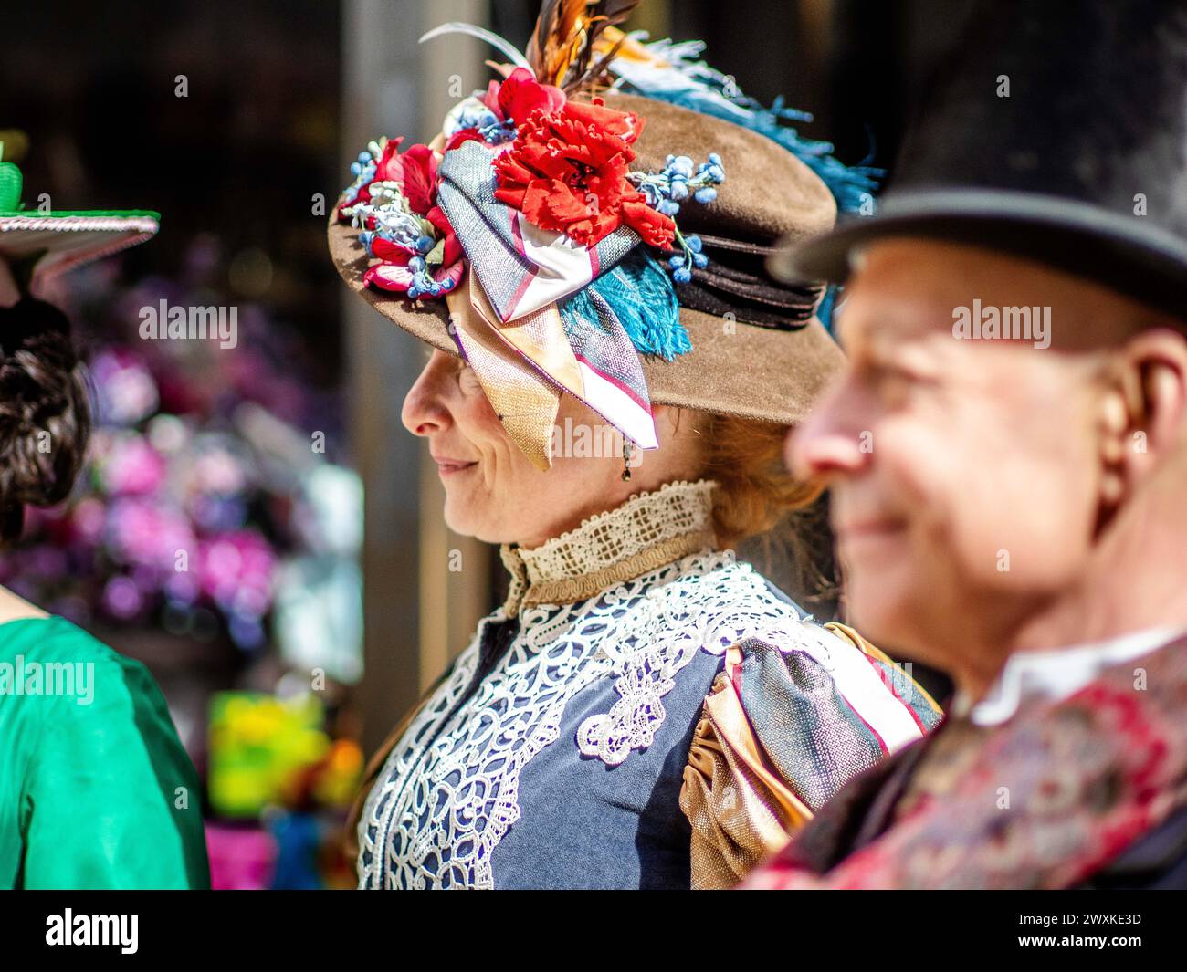 A parade attendee showing her vintage bonnet. Today in New York City a ...