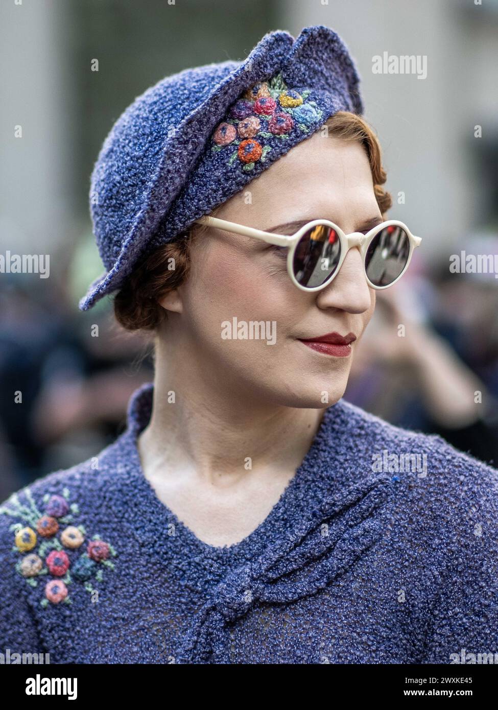 A parade attendee showing her 1930s bonnet. Today in New York City a ...