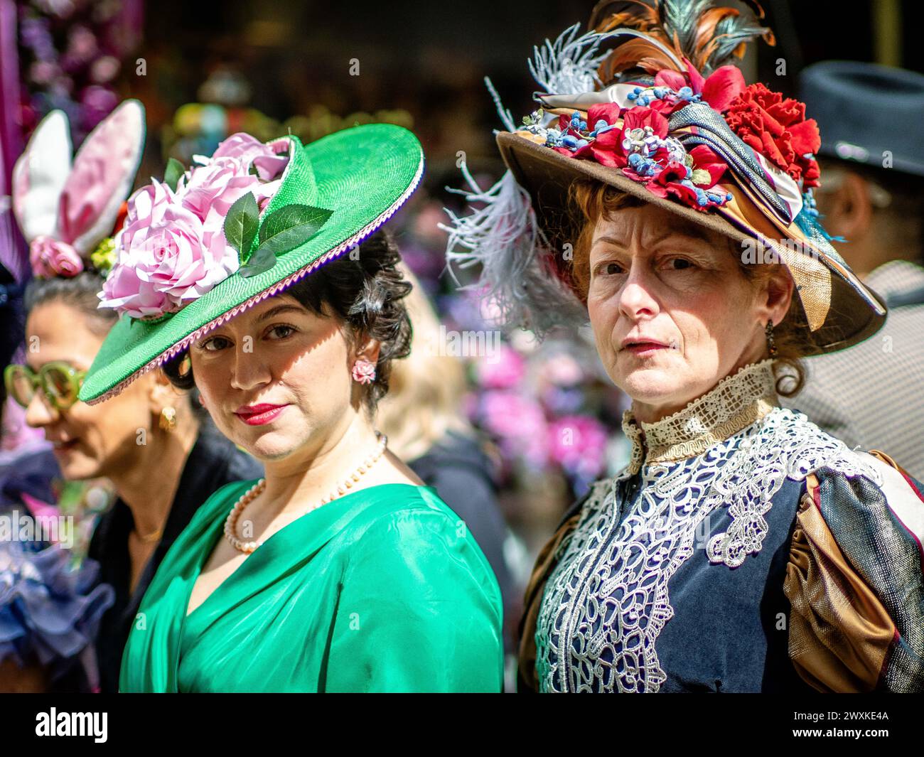 A parade attendee showing her vintage bonnet. Today in New York City a ...