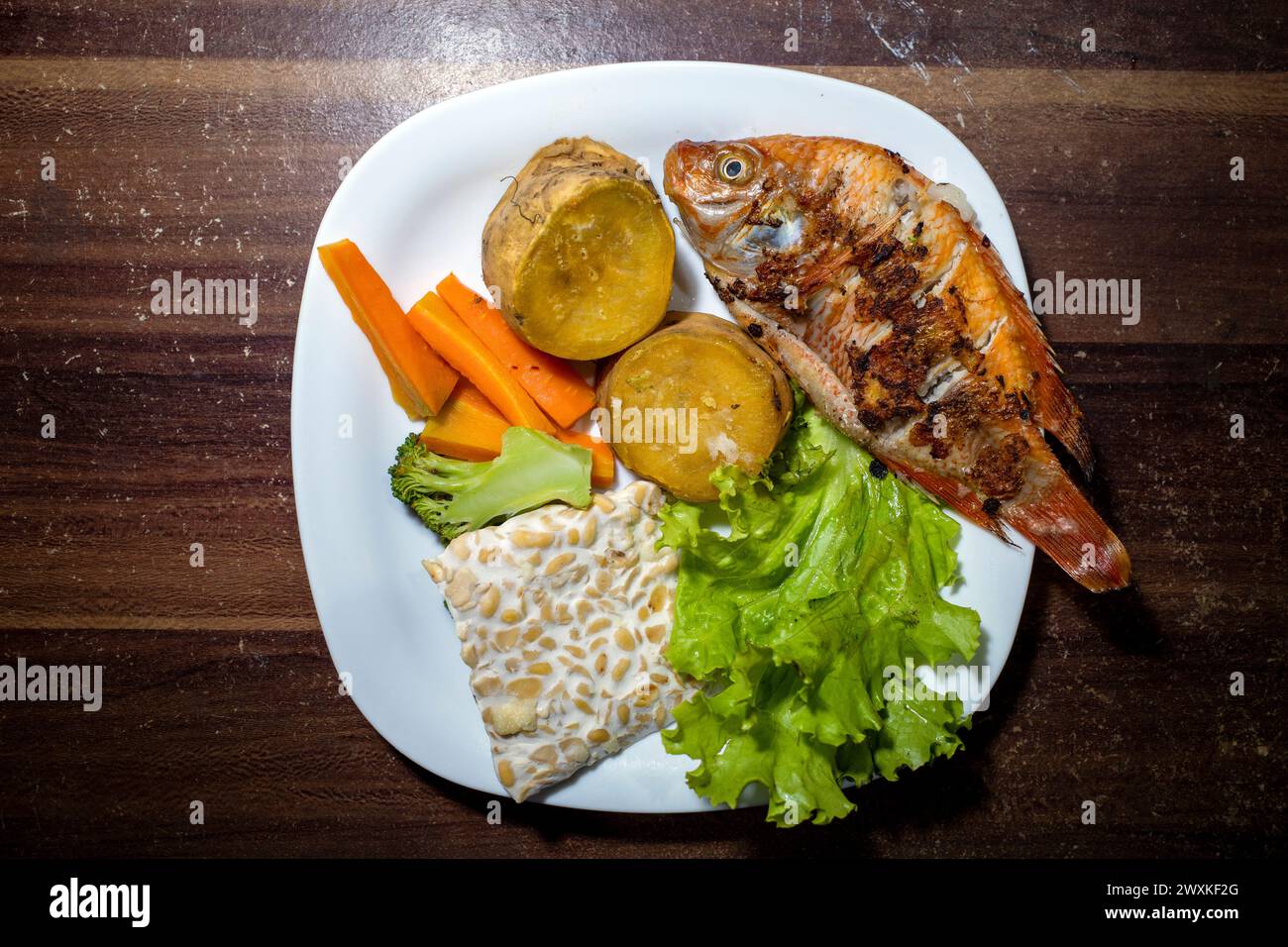 Balanced diet food, healthy diabetic meal concept with fish, tempeh ...