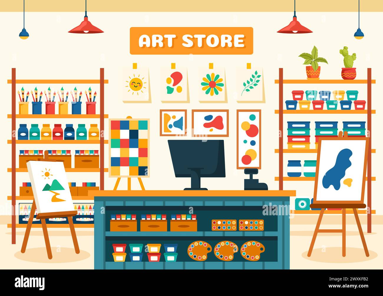 Art Store Vector Illustration with Painting Supplies Store Accessories ...