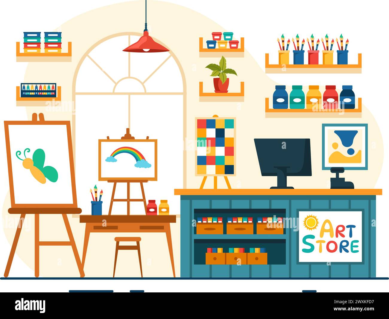 Art Store Vector Illustration with Painting Supplies Store Accessories ...