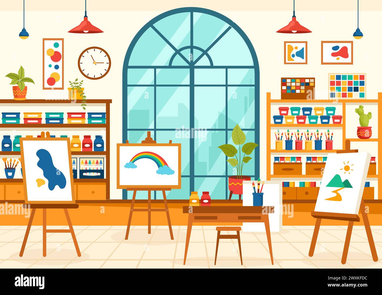 Art Store Vector Illustration with Painting Supplies Store Accessories ...
