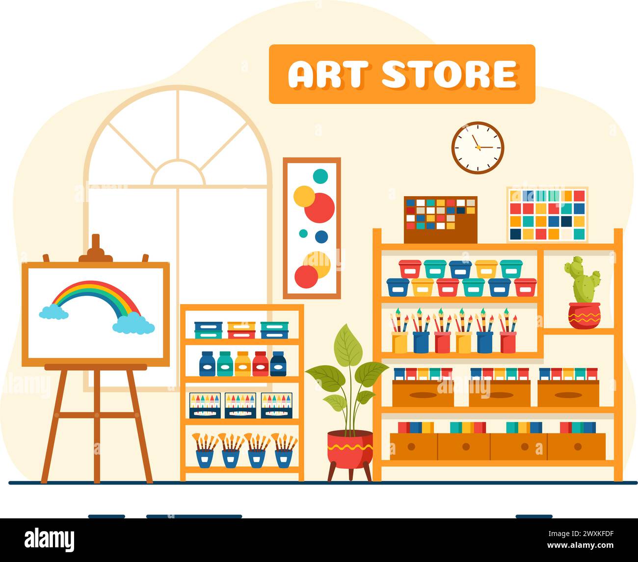 Art Store Vector Illustration with Painting Supplies Store Accessories ...