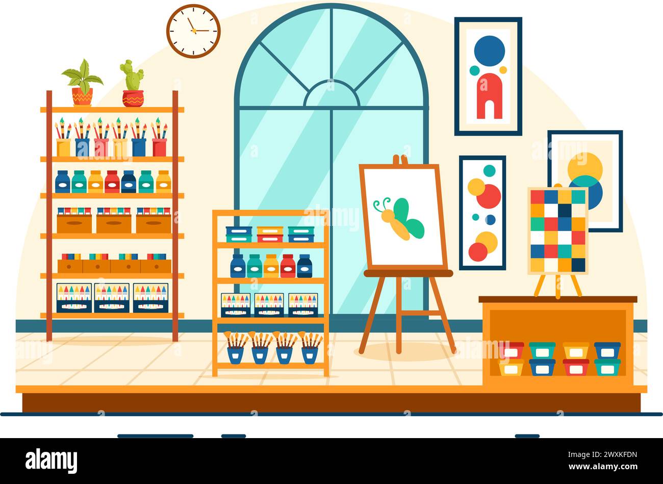 Art Store Vector Illustration with Painting Supplies Store Accessories ...