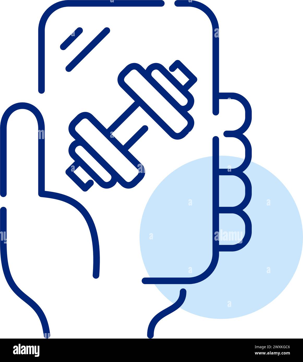 Mobile fitness. Hand with phone and dumbbell denotes workout tracking ...