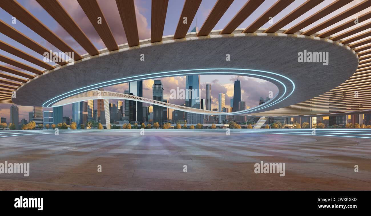 Modern pavilion with a spiraling rooftop set against a cityscape during ...