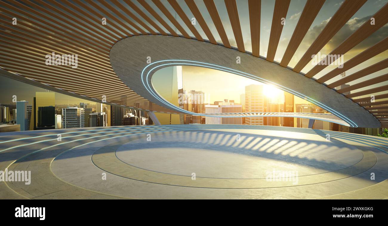 Contemporary city viewpoint with wooden slats and skyline backdrop ...