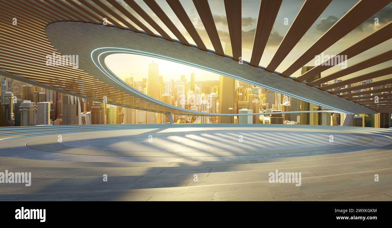 Futuristic wooden terrace with a panoramic view of the urban skyline ...