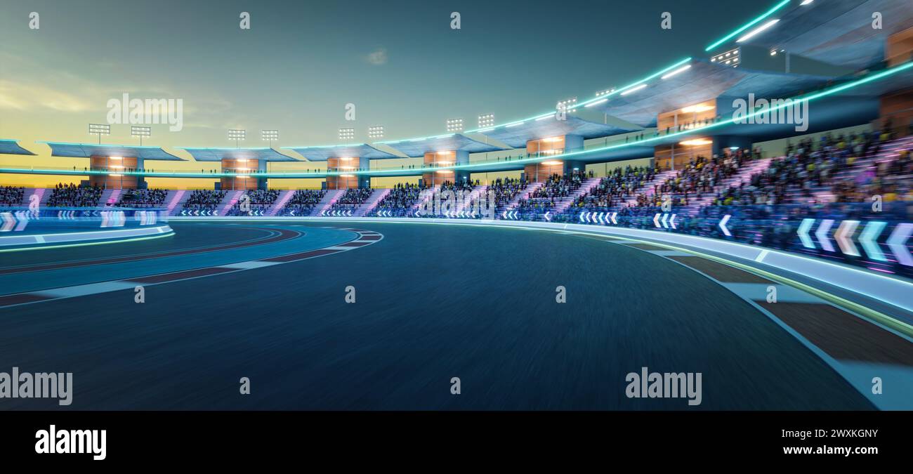 Panoramic view of a modern race track and stadium under evening lights ...