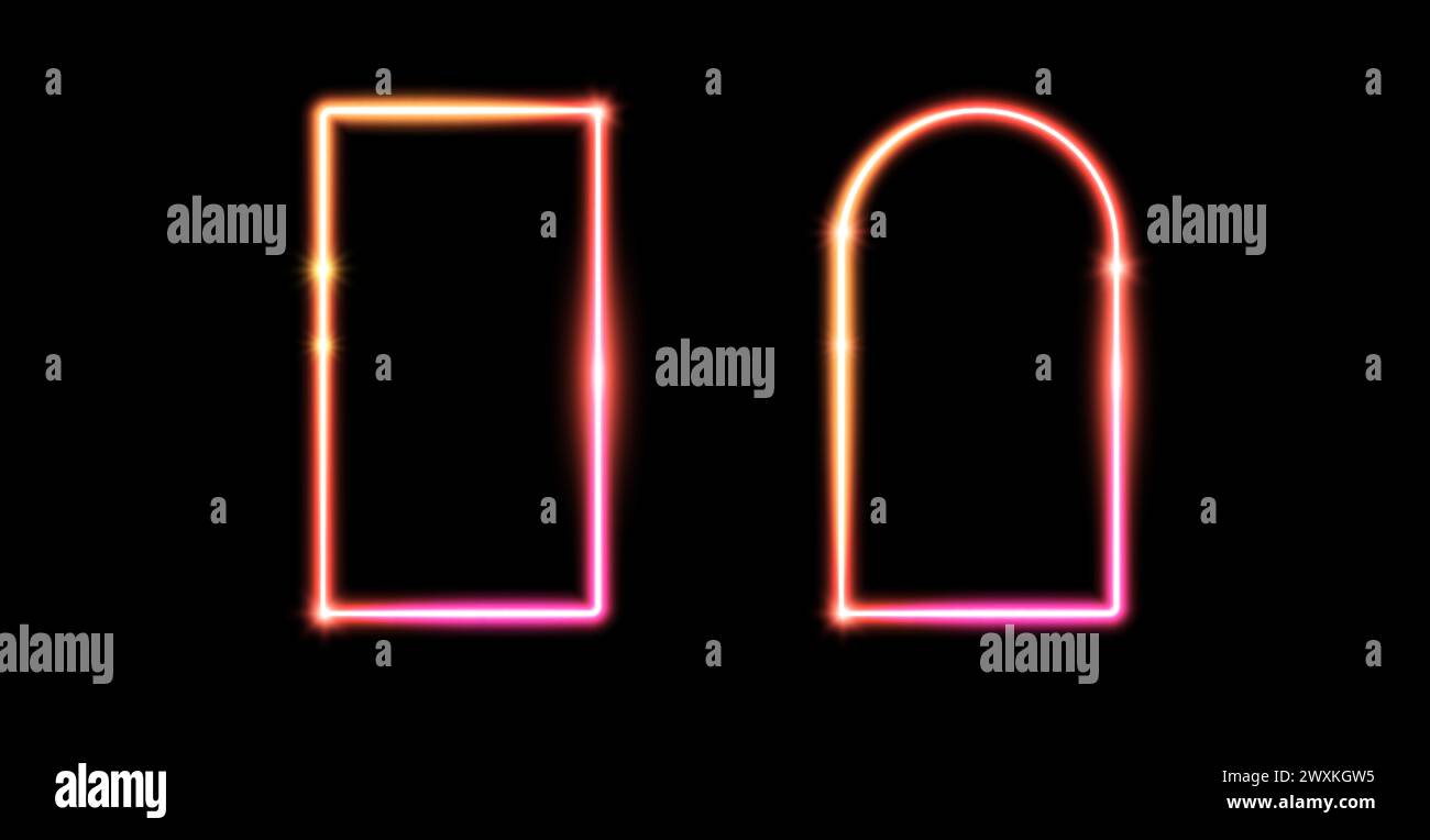 Glow neon rectangle and arch frames. Pink yellow shining borders. Neon ...