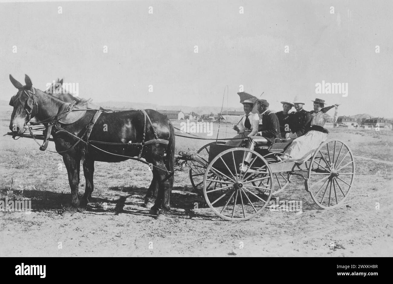 Women and soldiers riding in a mule drawn cart at Fort Keough Montana ...