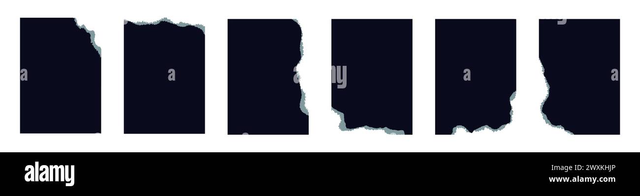 Set of torn paper pieces. Black grunge jagged vertical rectangle frames ...