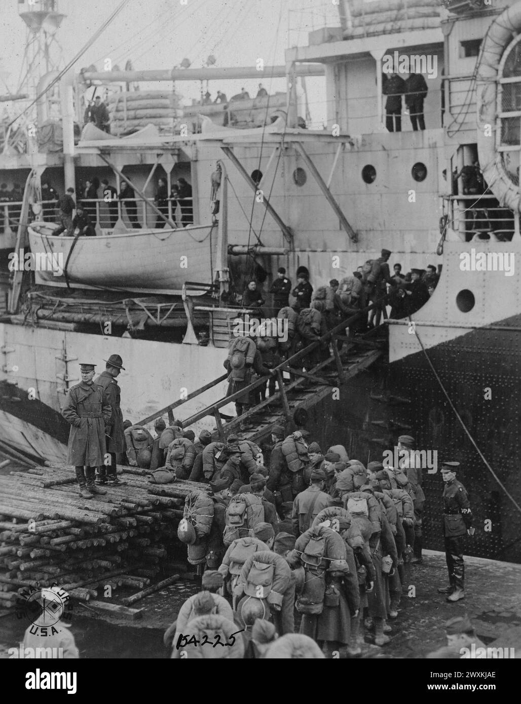 Soldiers embaking on transport ship Black and White Stock Photos ...