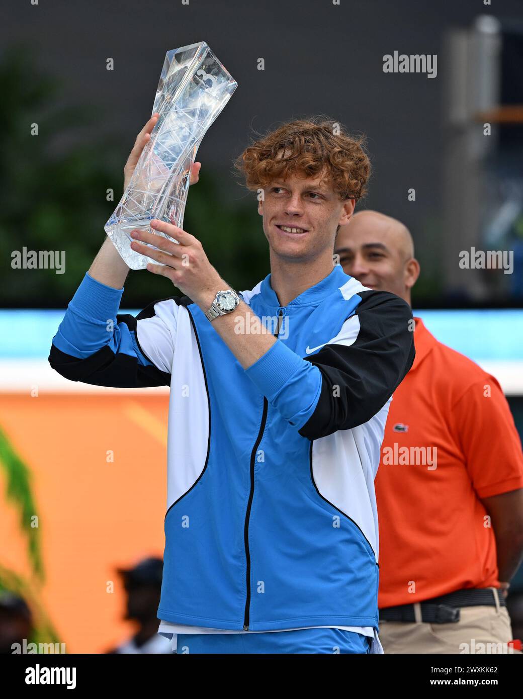 Miami Gardens FL, USA. 31st Mar, 2024. Jannik Sinner poses with the championship trophy after ...