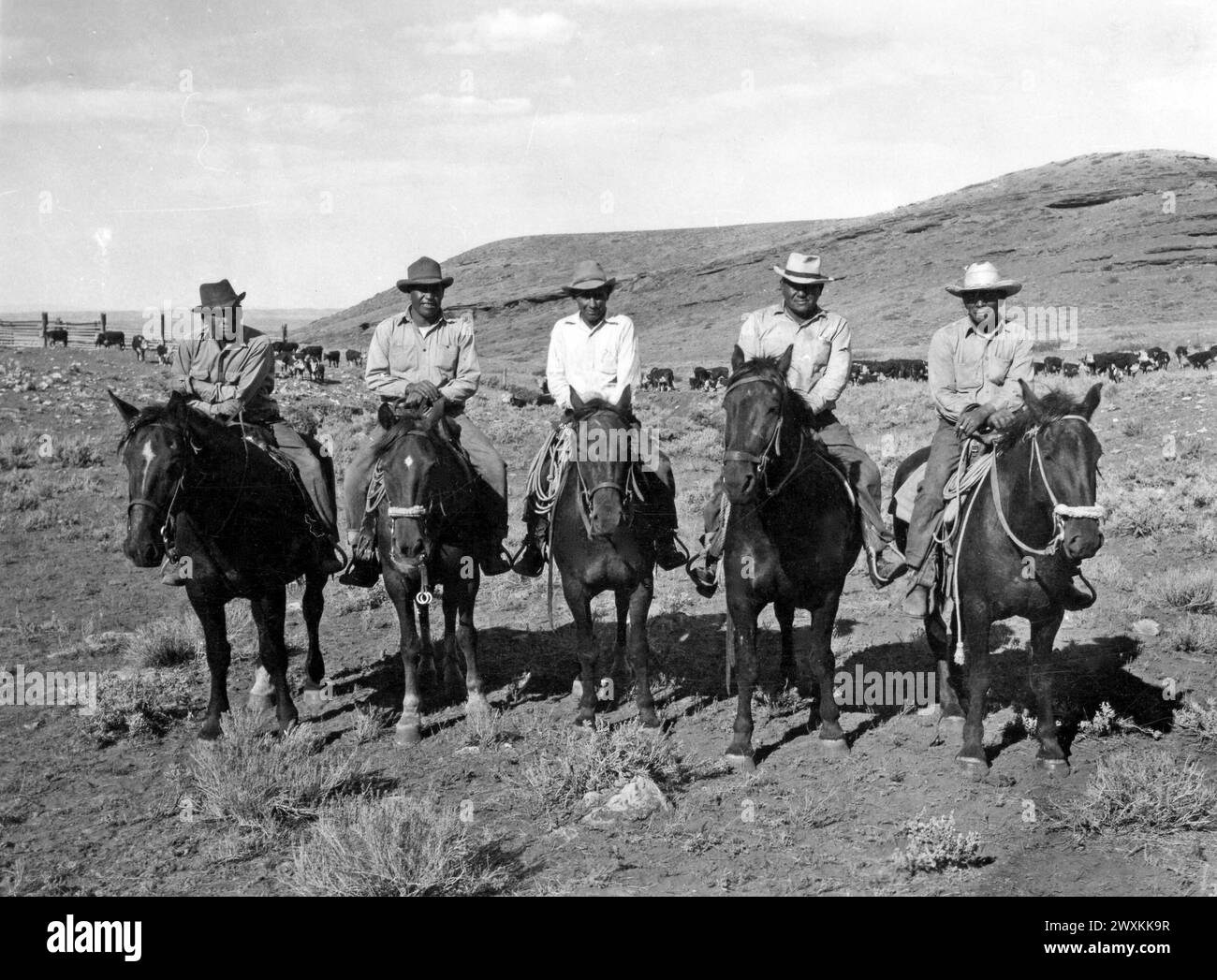 Five Native American cowboys on horseback on a Wyoming ranch ca. 1930s ...