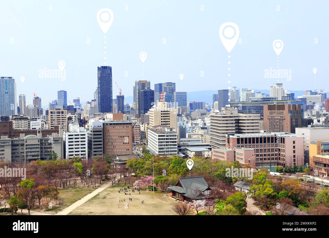 Network connection concept. Aerial view on Osaka with white location ...