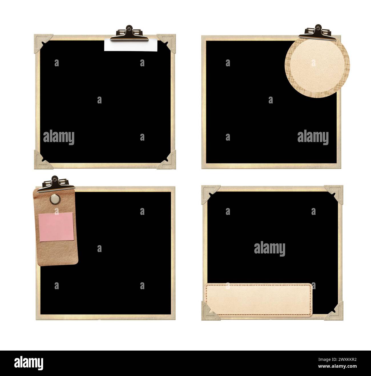 Set of retro photo frame with paper tag attached with a vintage clip ...