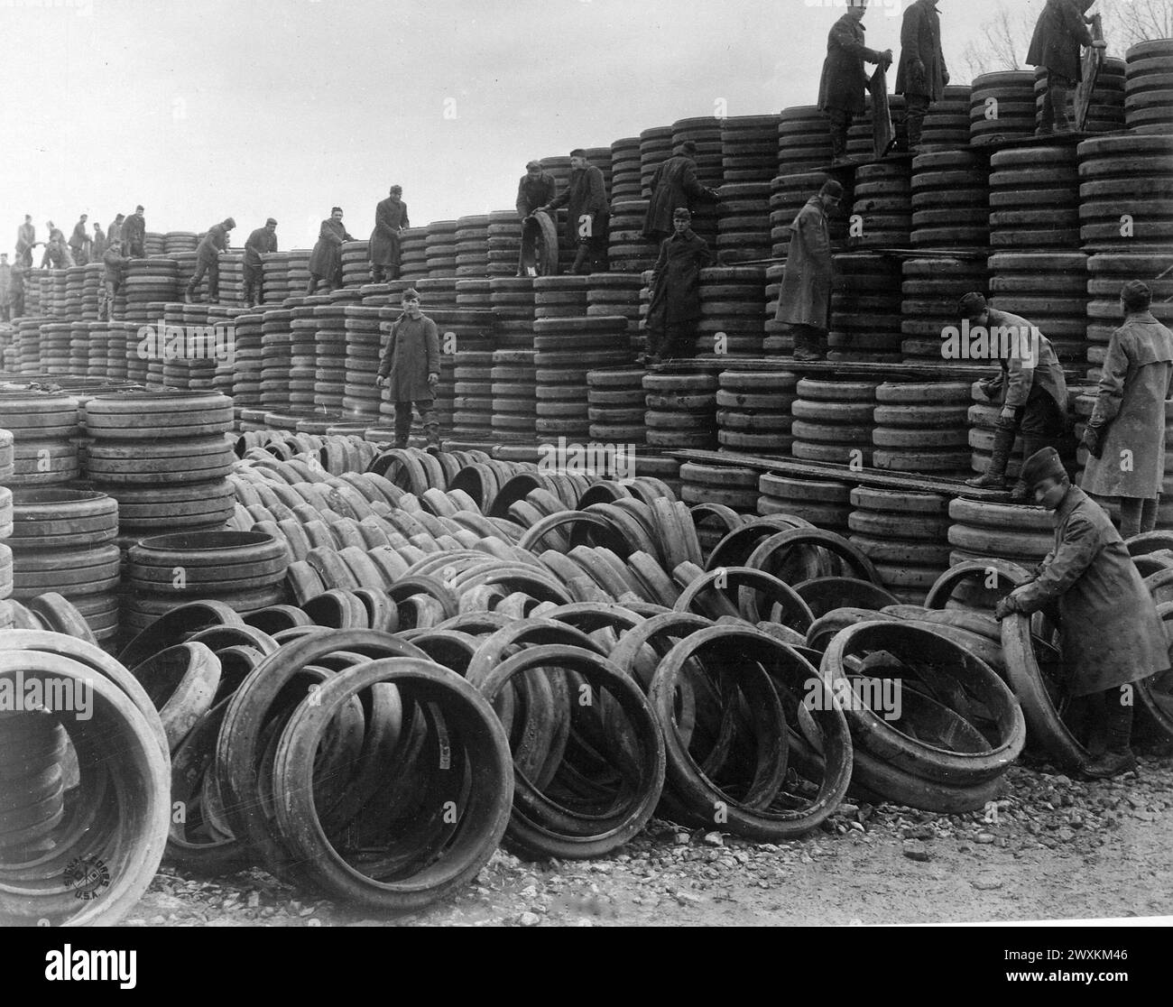 A pile of 85,000 solid tires for American Expeditionary Forces motor ...