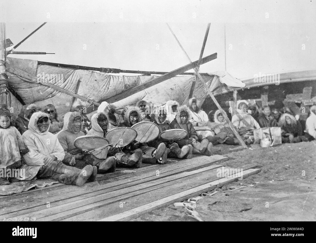 Eskimo dance orchestra, including drumheads made from whale stomachs ...