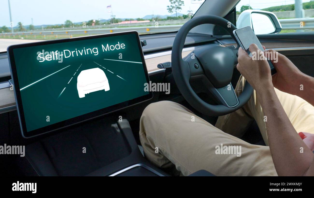 Self driving car or autonomous vehicle travel on speed highway with ...