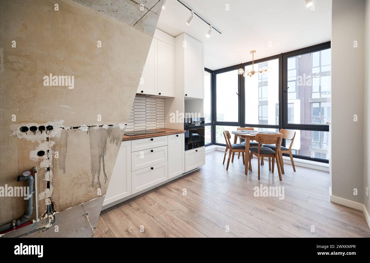 Comparison of old room before restoration and new renovated kitchen ...