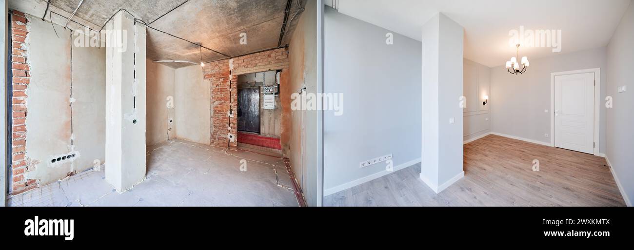 Comparison of apartment room before and after refurbishment. Old room ...