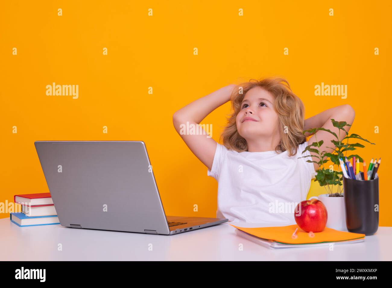 School child using laptop computer. School and education concept ...