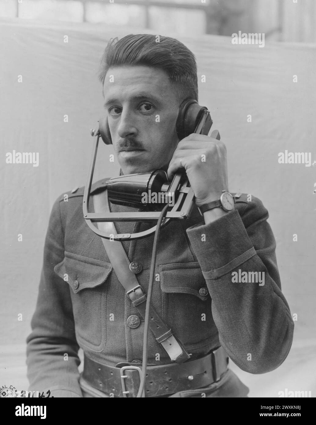 A French soldier demonstrates the French Inter-Phone apparatus ca ...